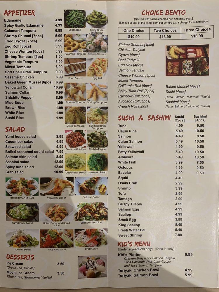 Menu at Yumi Sushi restaurant, Fallbrook