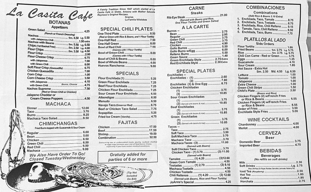 Menu at La Casita Cafe, Globe