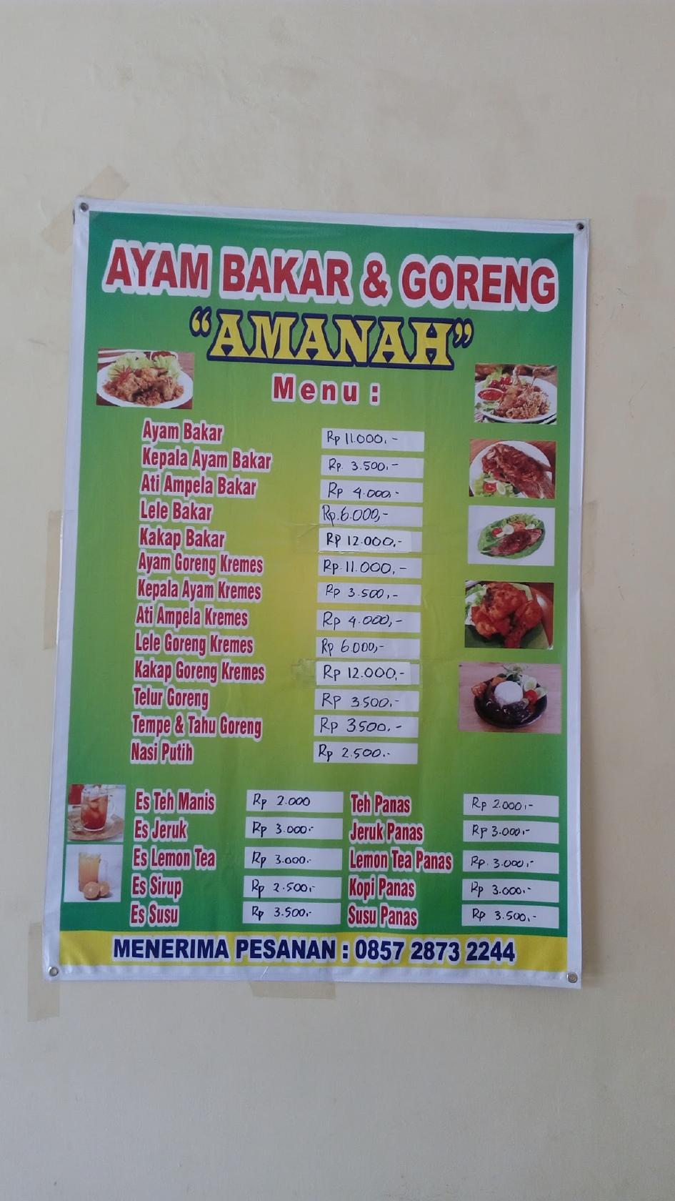 Menu at Ayam Bakar dan Ayam Goreng Kremes 'AMANAH' restaurant, Klaten