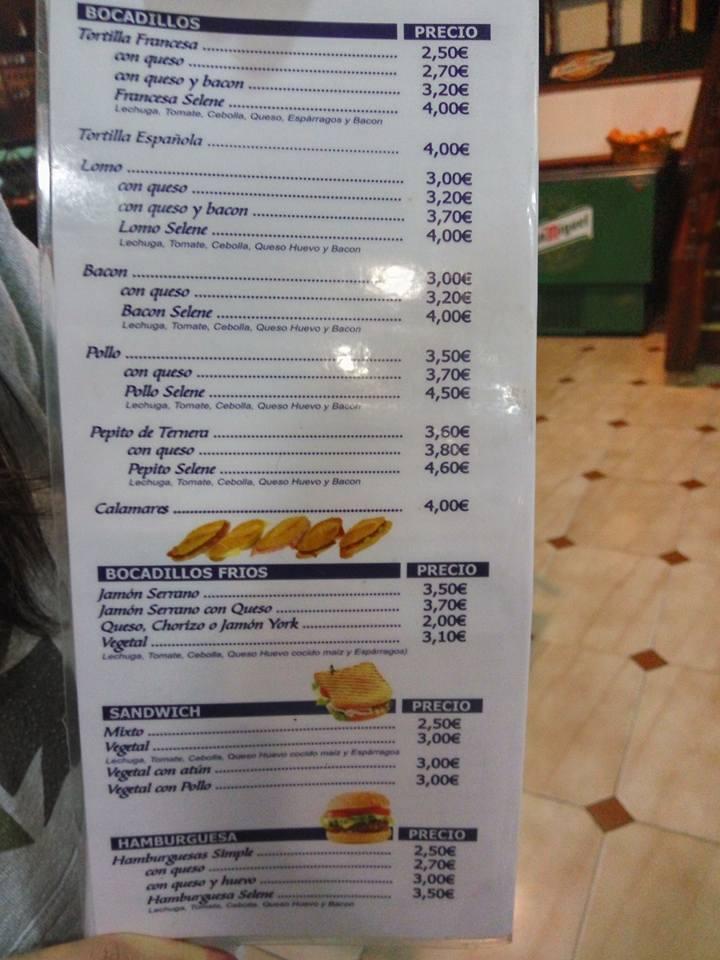 Menu at Cafeteria Selene, Vigo