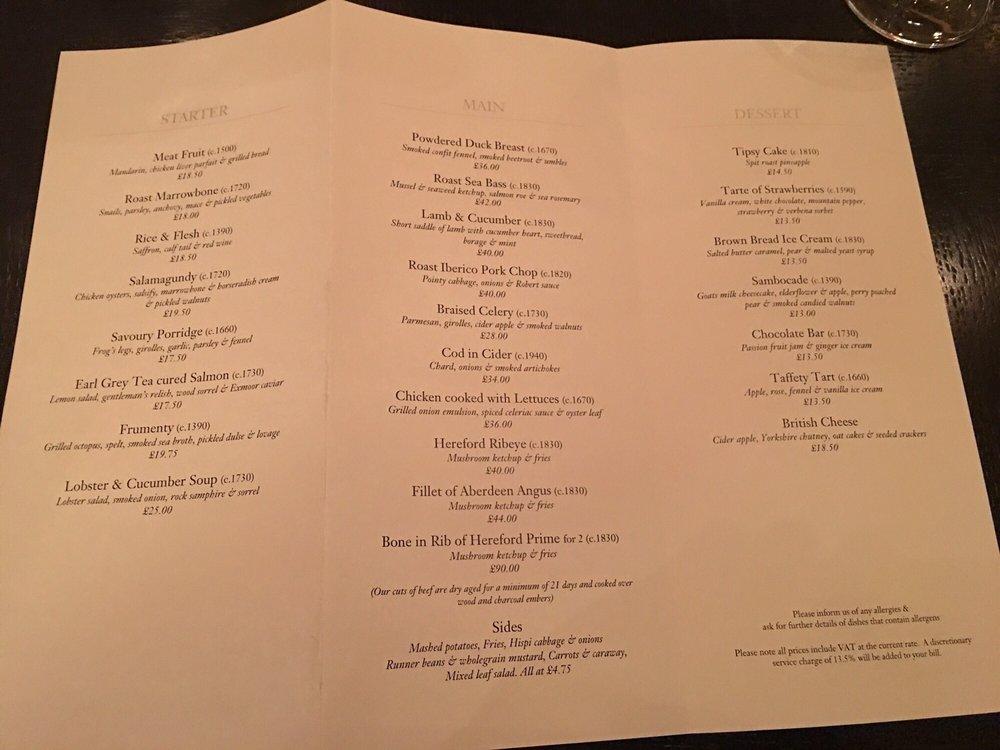 Menu at Dinner by Heston Blumenthal restaurant, London