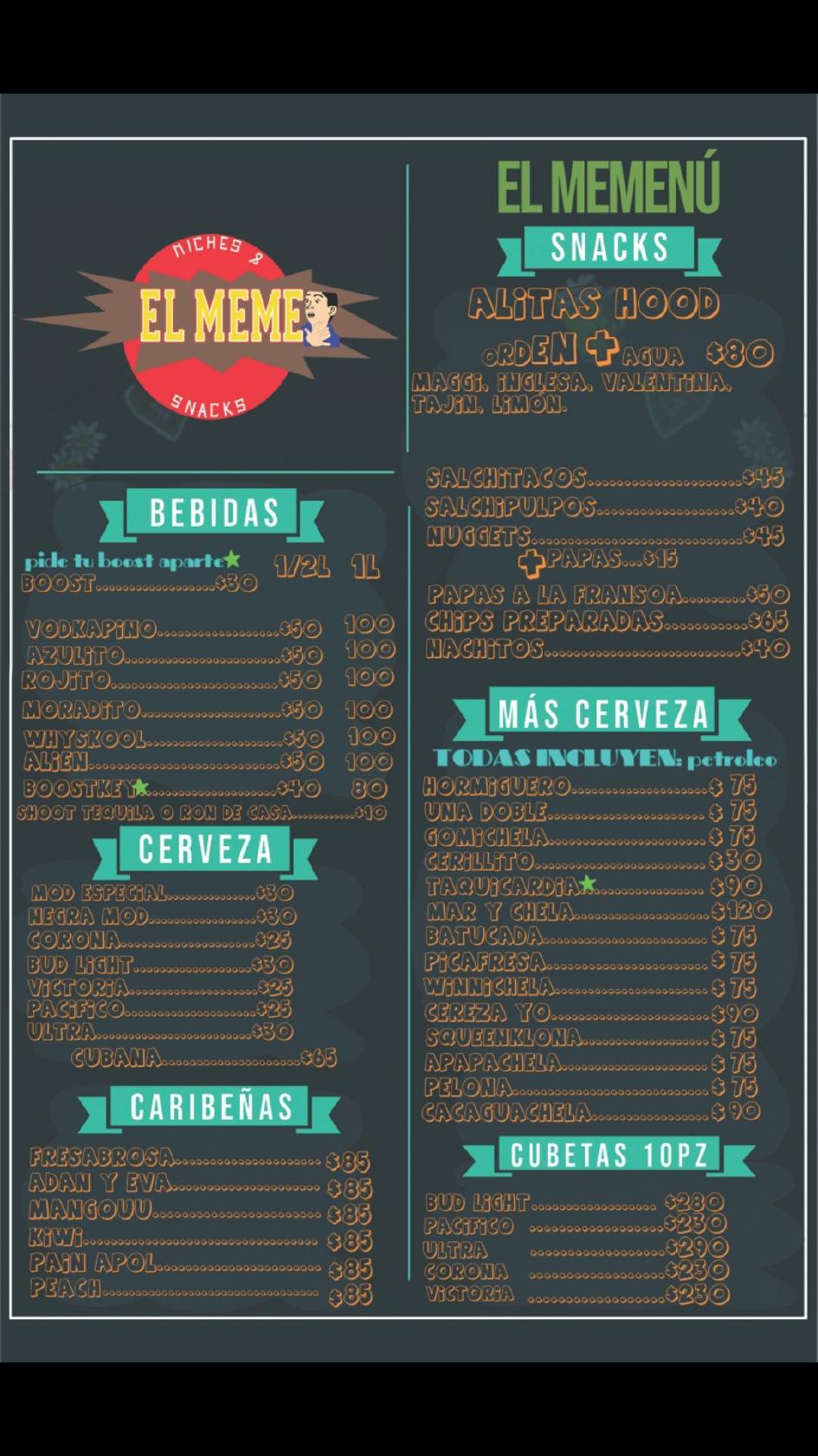Menu at El MEME miches & snacks La Paz pub & bar, La Paz