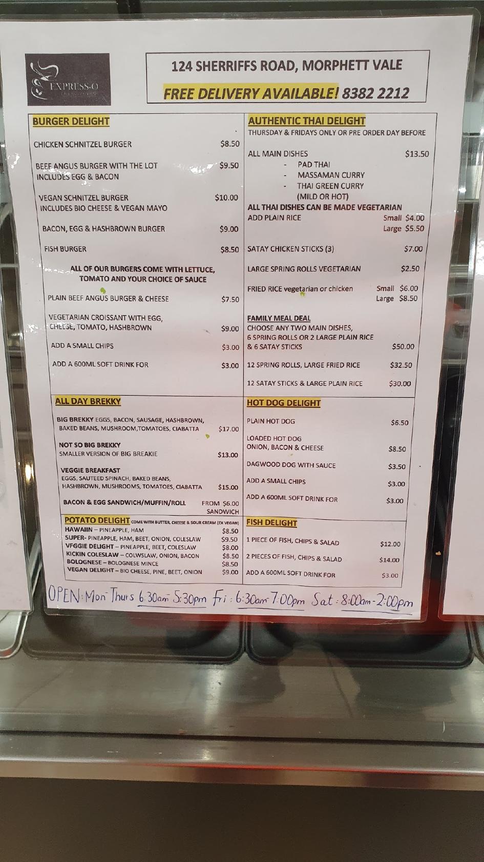 Menu at Express-o cafe and catering, Morphett Vale