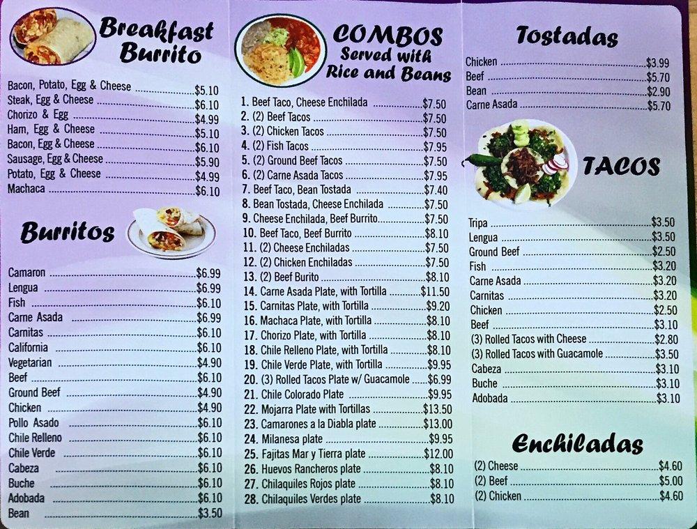 Menu at Mauricio's Taco Shop restaurant, La Junta