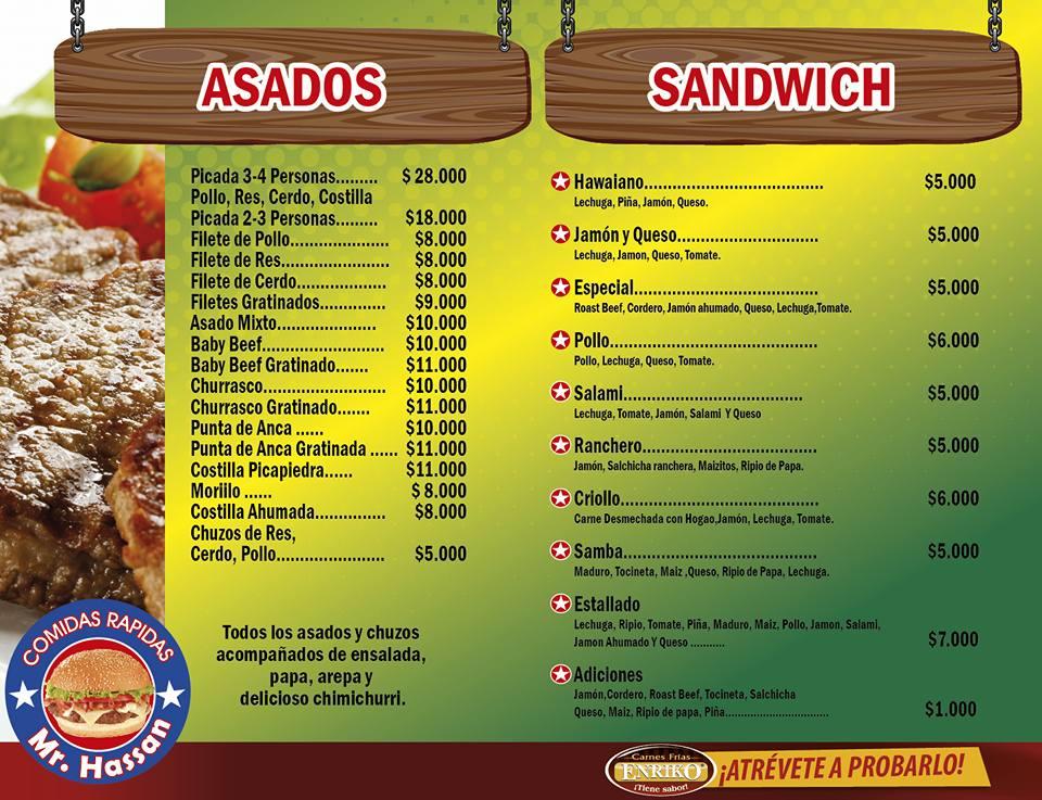 Menu at Mr. Hassan restaurant, Cali
