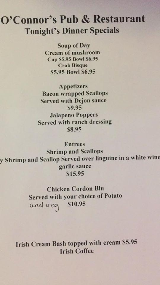 Menu at O'Connors Pub & Restaurant, Chestertown