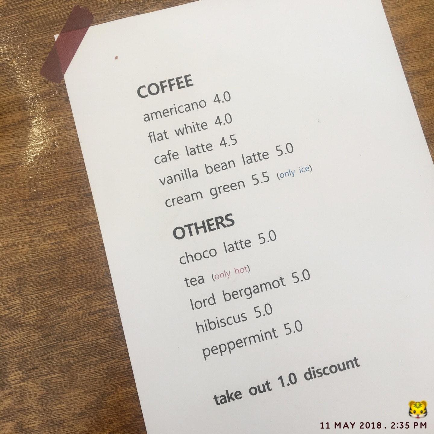 Menu at day-off cafe, Seoul