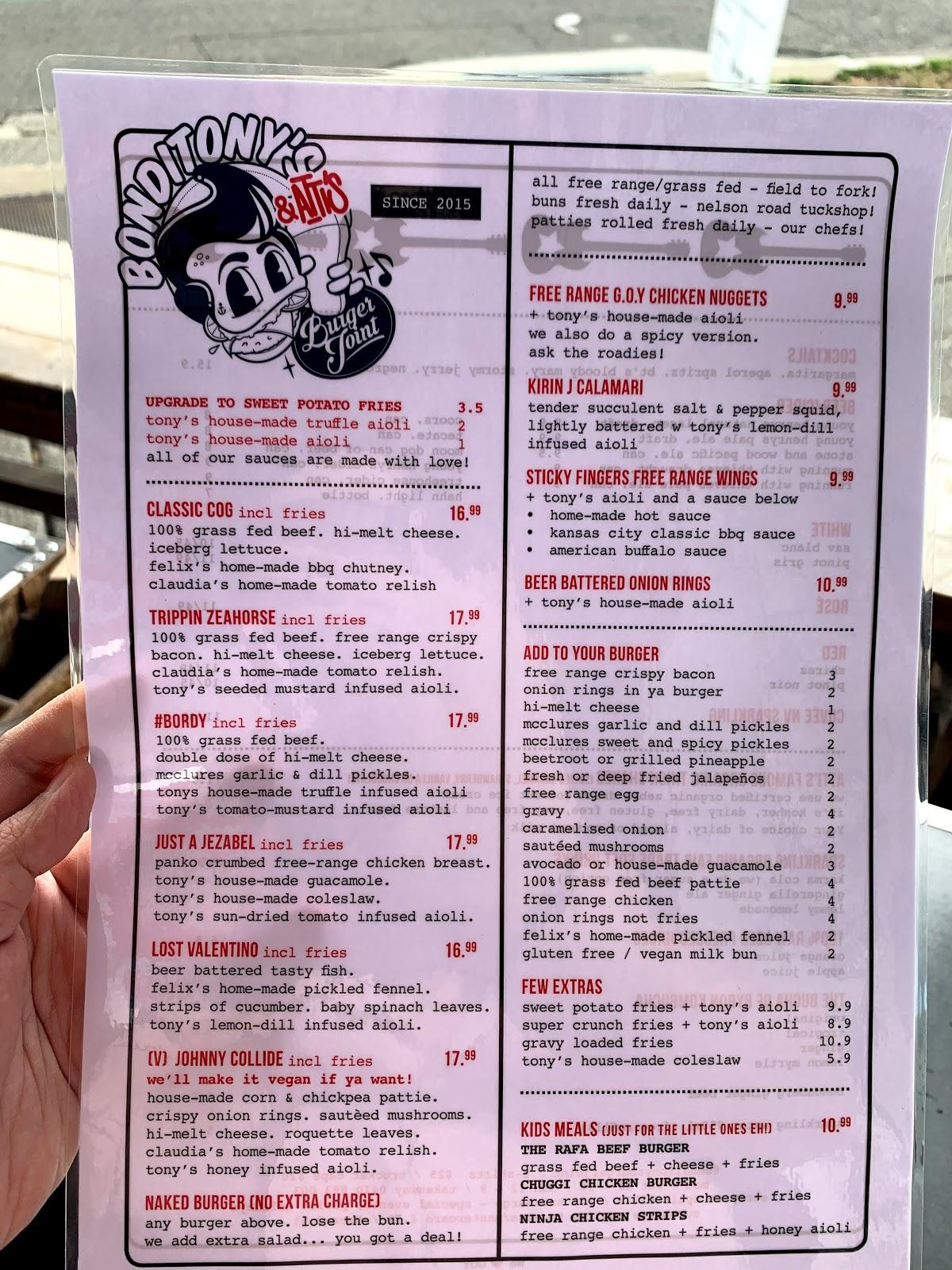 Carta del restaurante Bonditony's Burger Joint, Bondi Beach