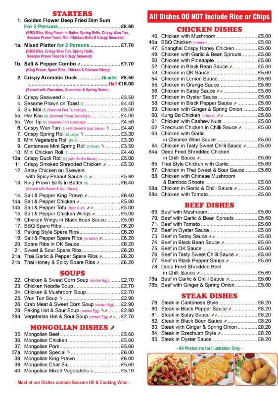 Menu at Golden Flower fast food, Stockport
