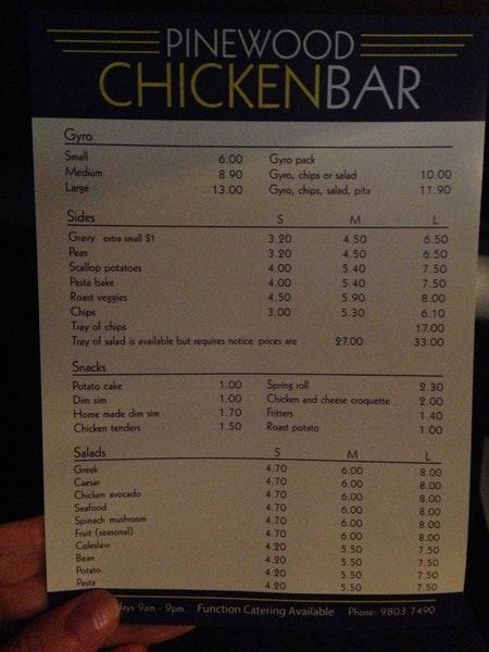Menu at Pinewood Chicken Bar, Mount Waverley