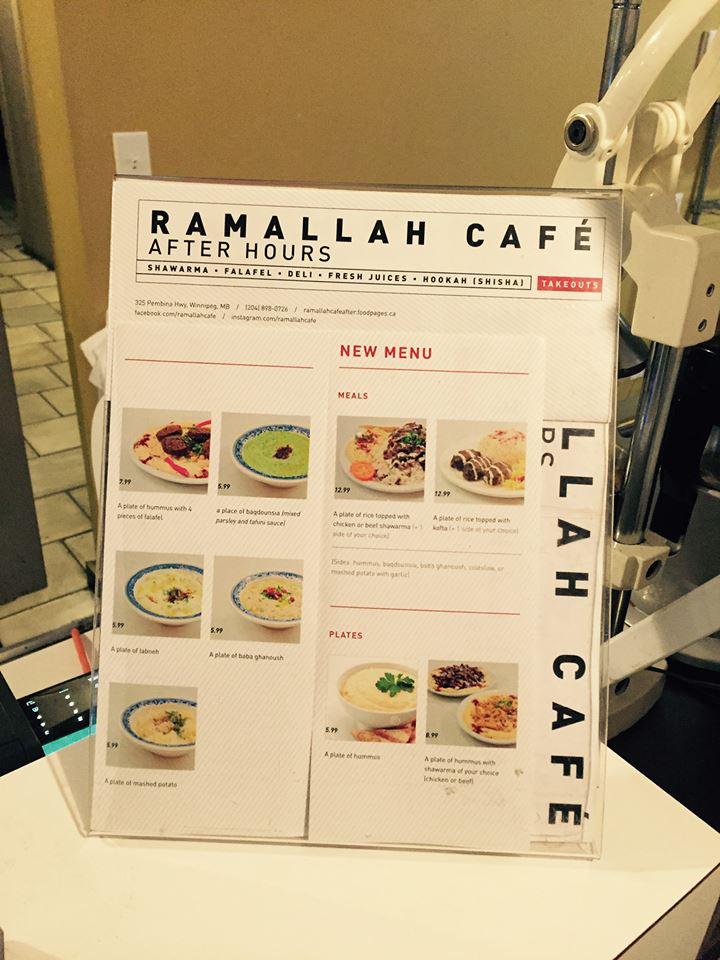 Menu at Ramallah Cafe, Winnipeg