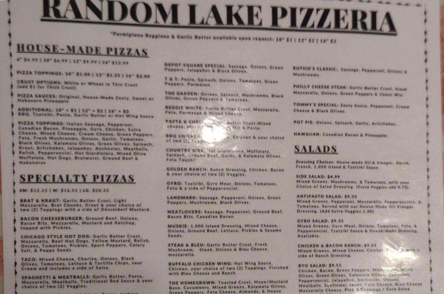 Menu at Random Lake Pizzeria, Random Lake, 435 2nd St