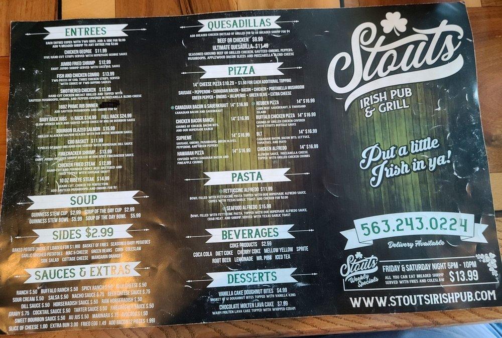 Menu at Stouts Irish Pub, Clinton