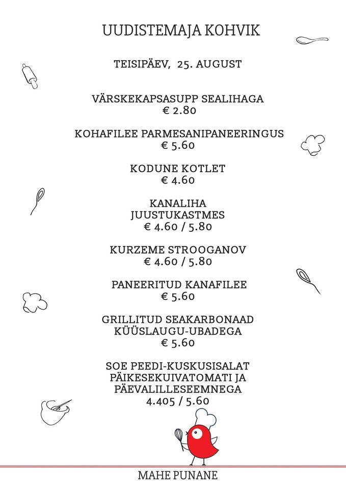 Menu at Uudistemaja Kohvik / Mahe Punane cafe, Tallinn