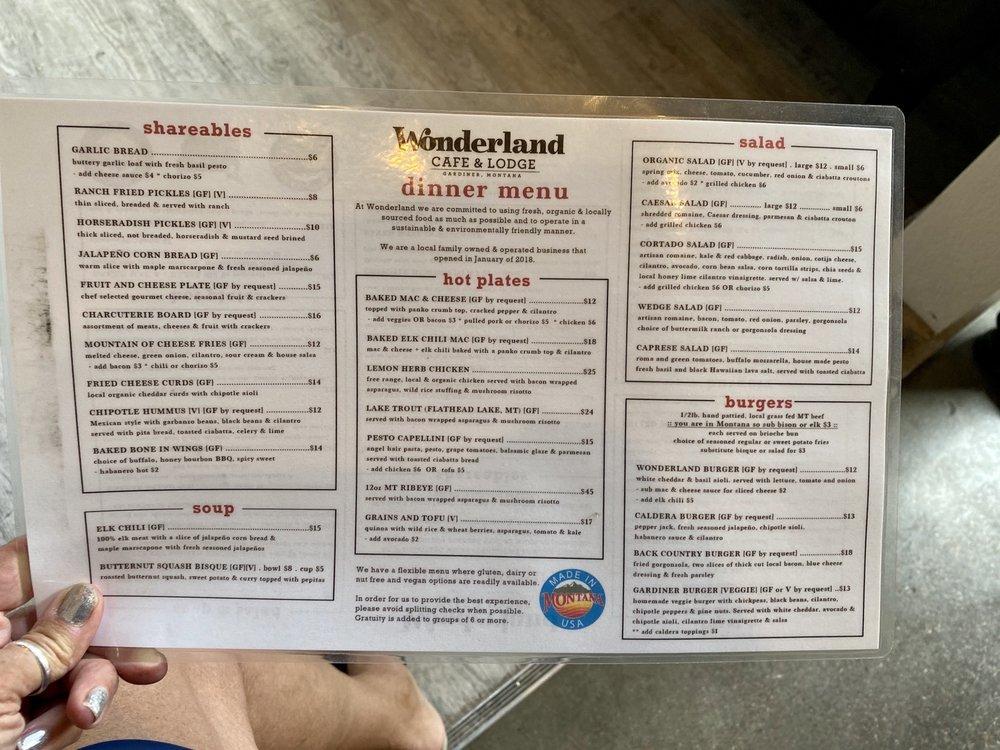 Menu at Wonderland Cafe & Lodge, Gardiner