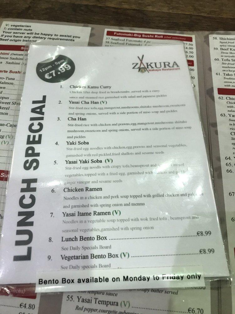 Menu at Zakura Noodle & Sushi Restaurant, Dublin, 13 Wexford St