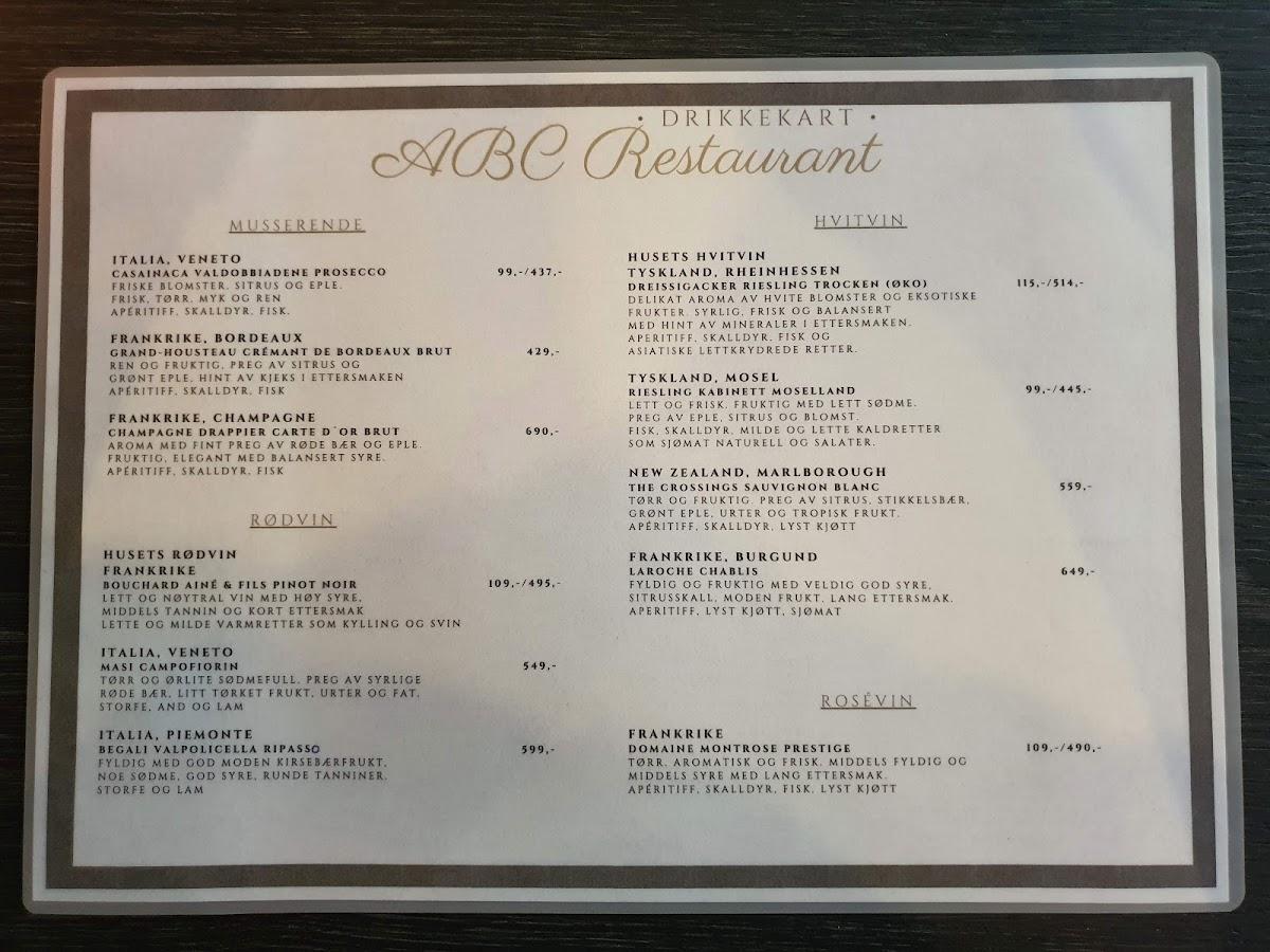 Menu at ABC Restaurant, Strømmen