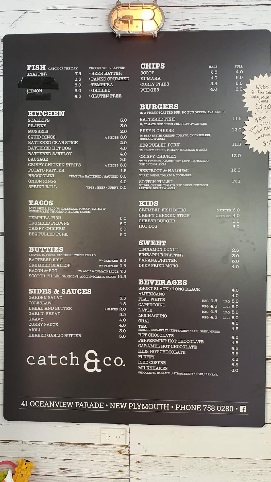 Menu at Catch & Co. restaurant, New Plymouth