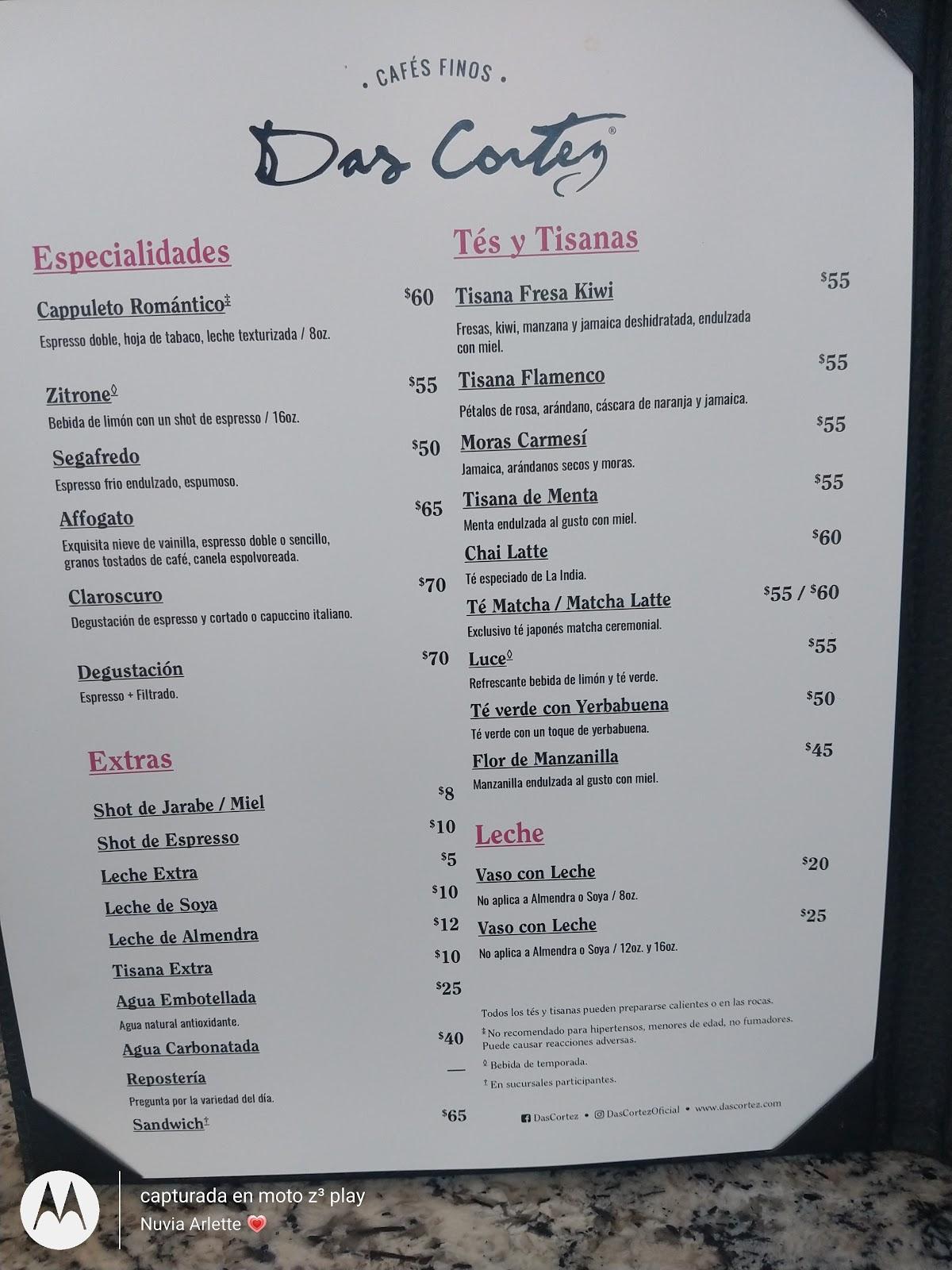 Menu at Das Cortez Río cafe, Tijuana