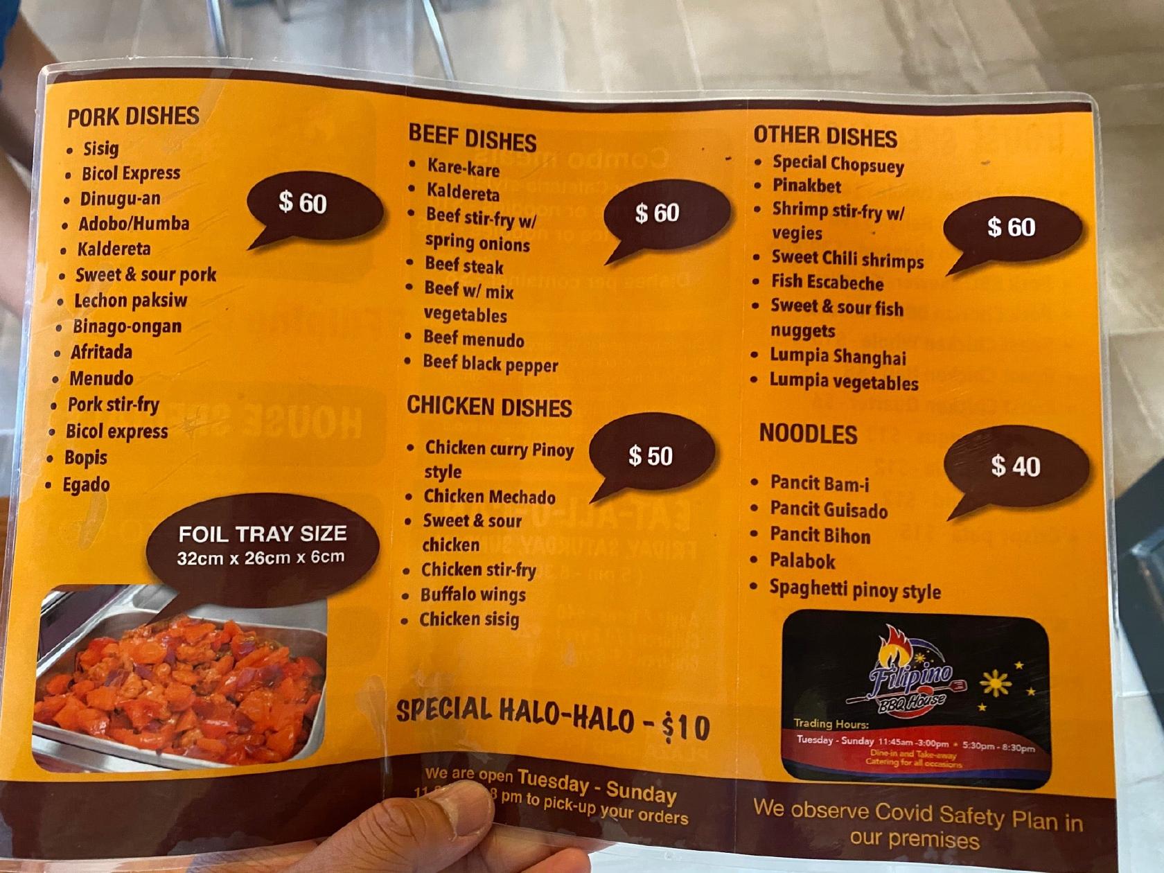 Menu at Filipino BBQ House, Springvale South