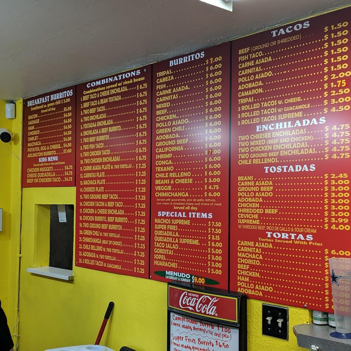 Menu at Gilberto's Taco Shop restaurant, Arlington
