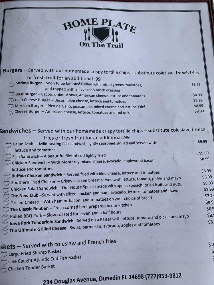 Menu at Home Plate on the Trail Restaurant, Dunedin