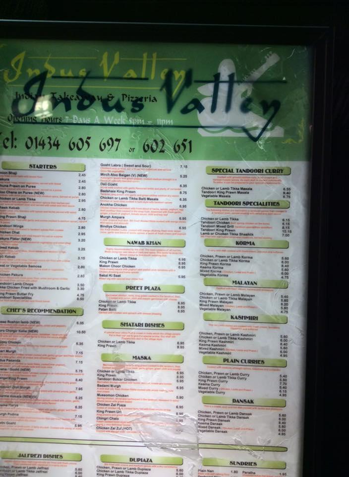 Menu at Indus Valley Indian Restaurant & Takeaway, Hexham