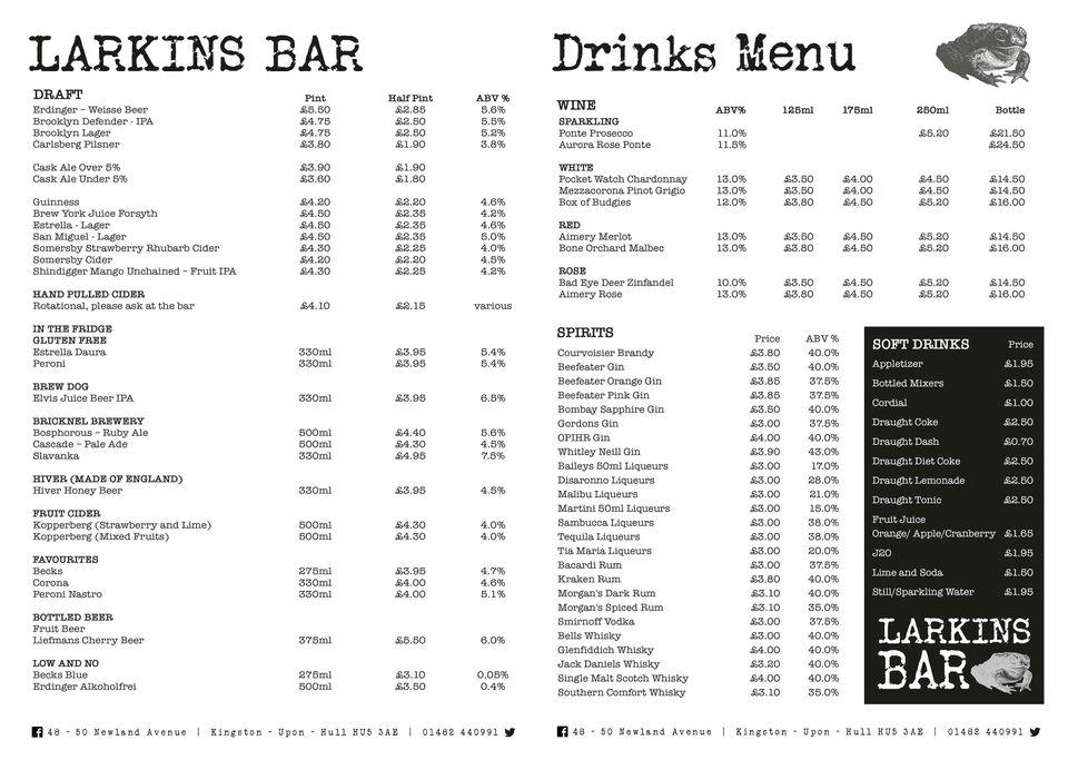 Menu at Larkin's Bar, Hull