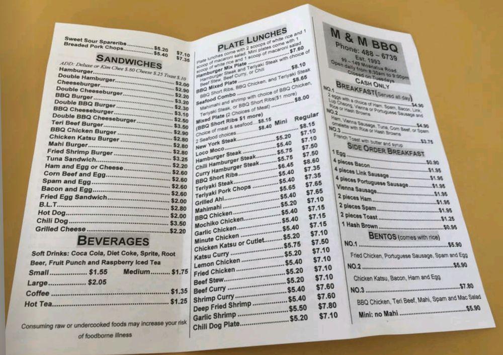 Menu at M & M BBQ, Aiea