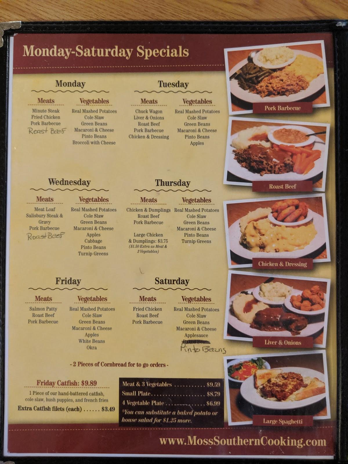 Menu at Moss' Southern Cooking steakhouse, Clarksville, 253 Clearview Dr