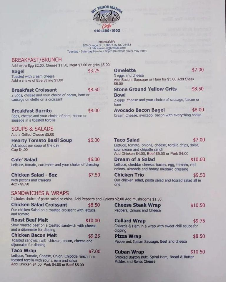 Menu at Mt. Tabor Manna Cafe', Tabor City