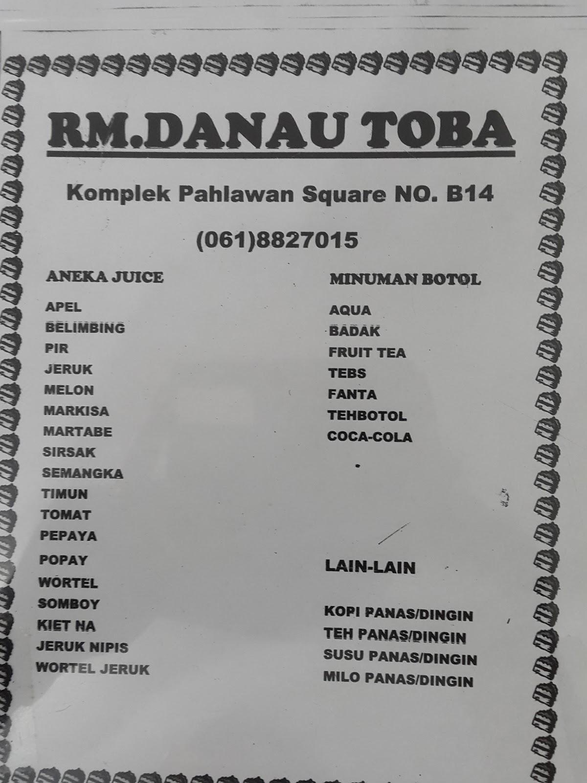 Menu at RM Danau Toba restaurant, Binjai