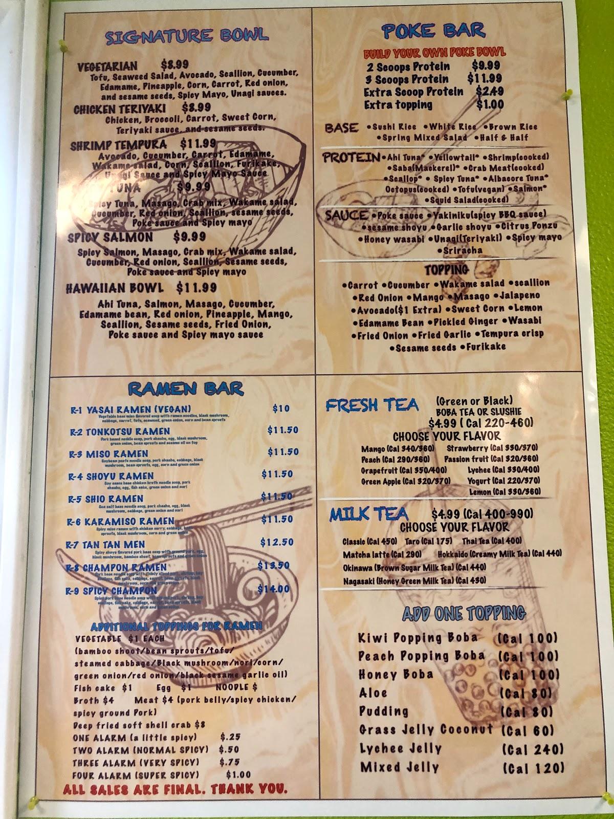 Menu at Shiro Ninja Boba - Poke - Ramen Bar, Angels Camp