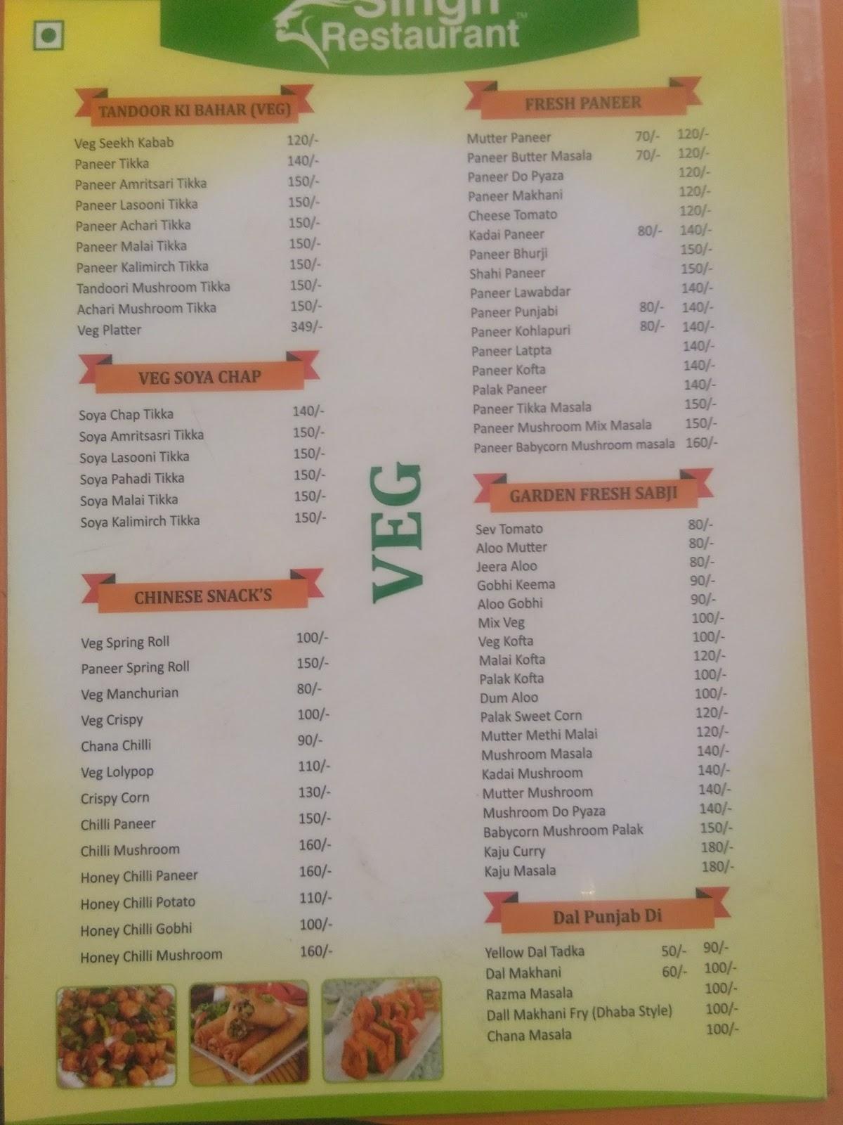 Menu at Singh Restaurant, Indore, Omshanti Rd