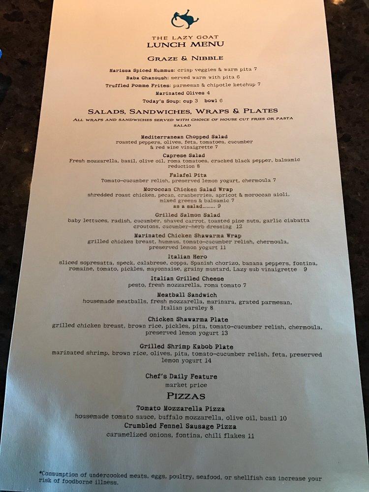 Menu at The Lazy Goat restaurant, Greenville, 170 Riverplace