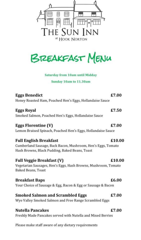 Menu at The Sun Inn pub & bar, Hook Norton
