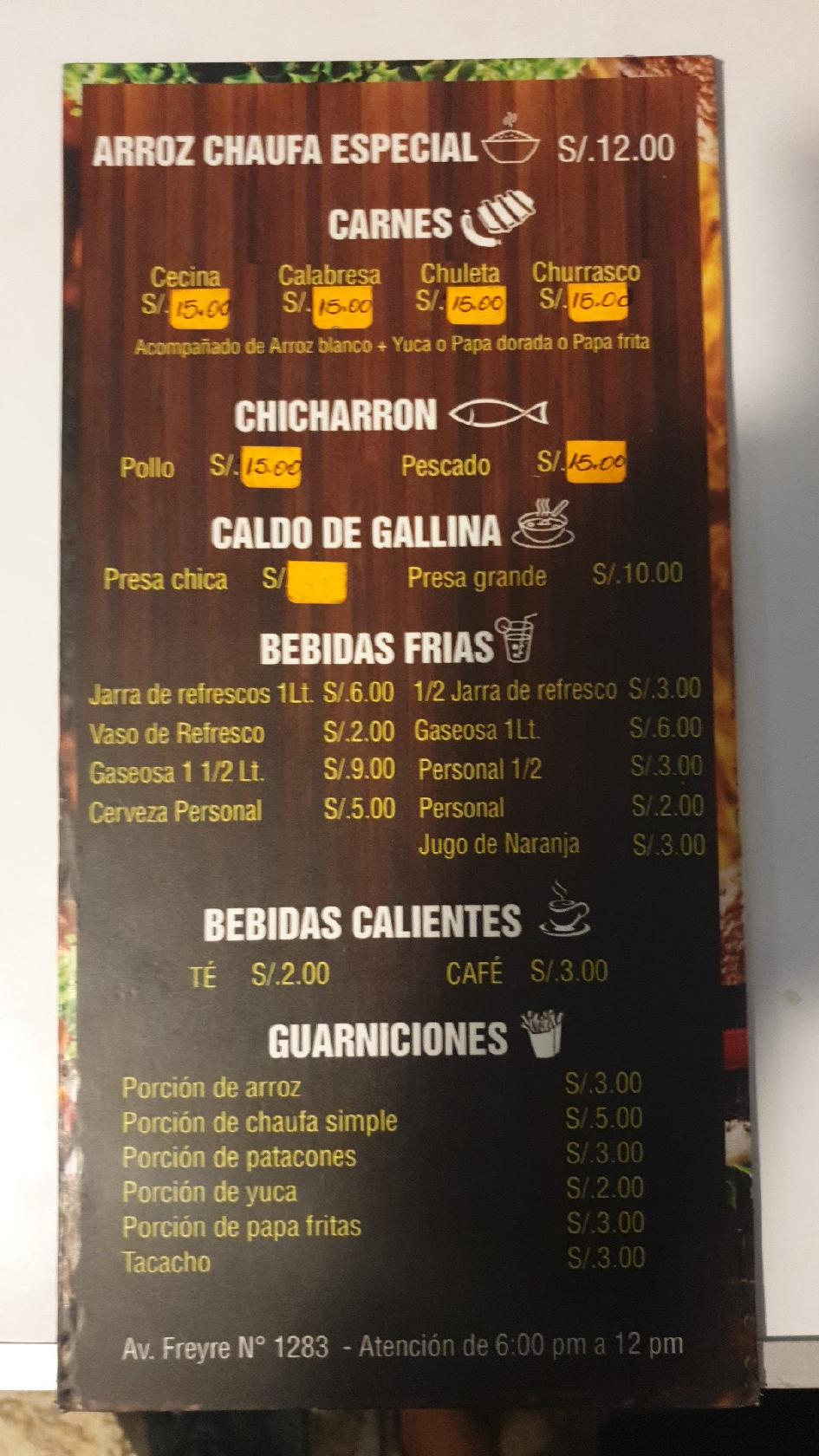 Carta del restaurante El Ajicito, Iquitos