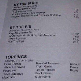 Menu at Secret Pizza pizzeria, Las Vegas