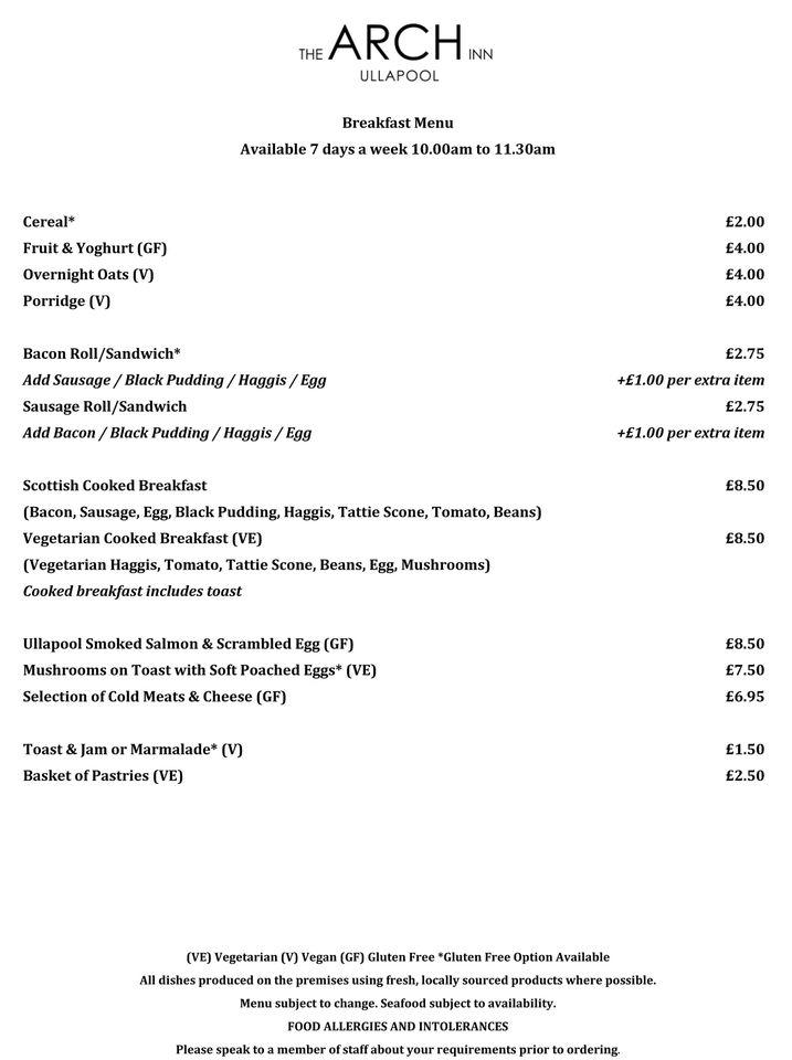 Menu at The Arch Inn pub & bar, Ullapool