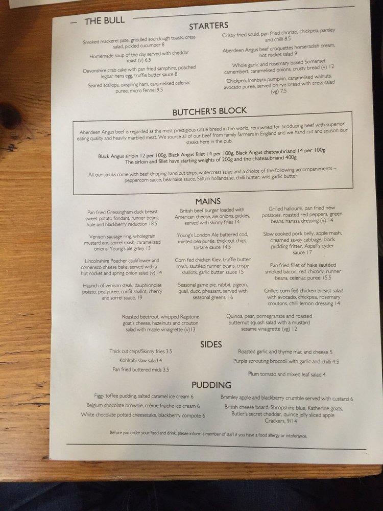 Menu at The Bull Streatham pub & bar, London, 498 Streatham High Rd