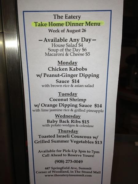 Menu at The Eatery restaurant, Summit