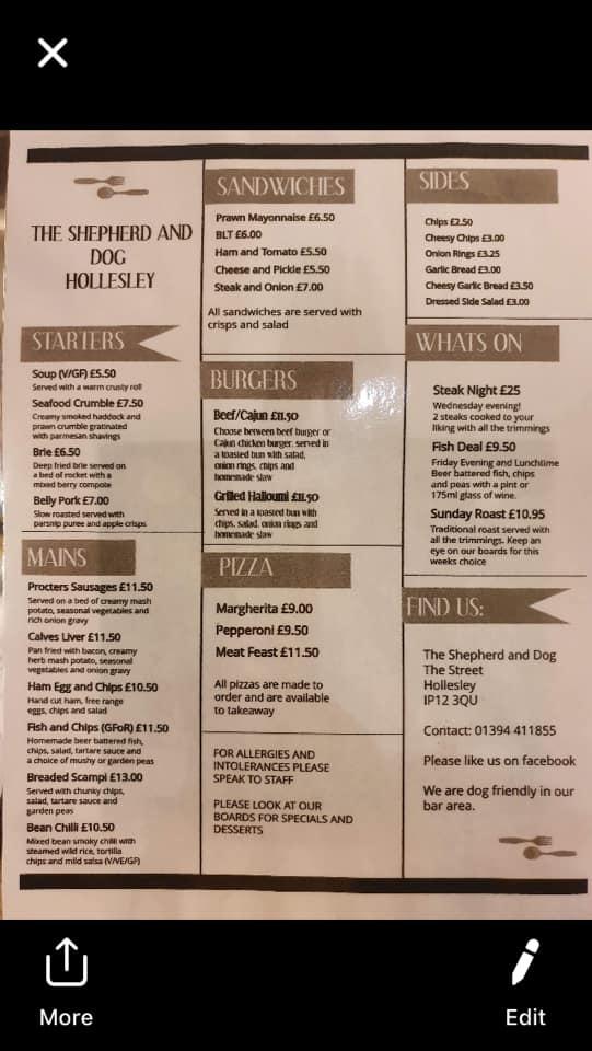Menu at The Shepherd and Dog Inn pub & bar, Hollesley