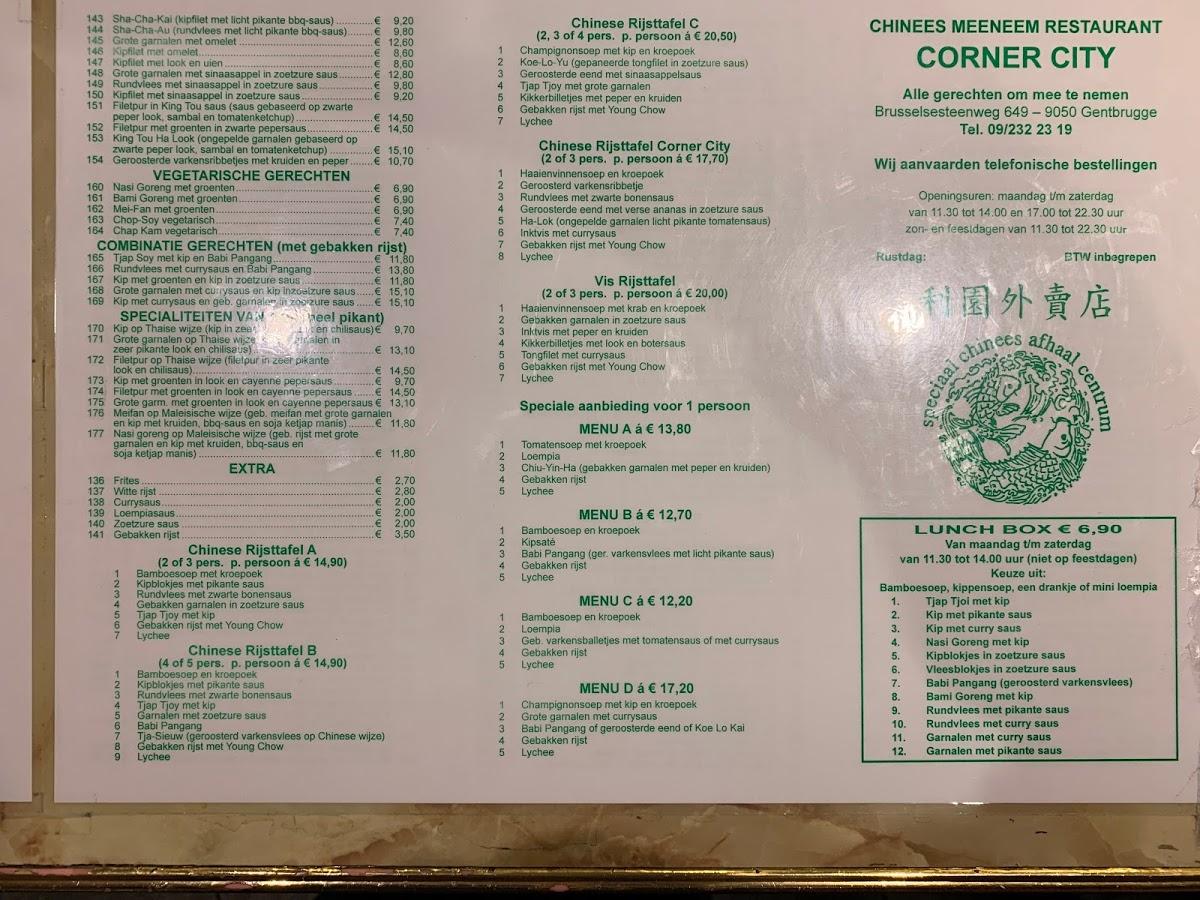 Menu at Corner City, Ghent