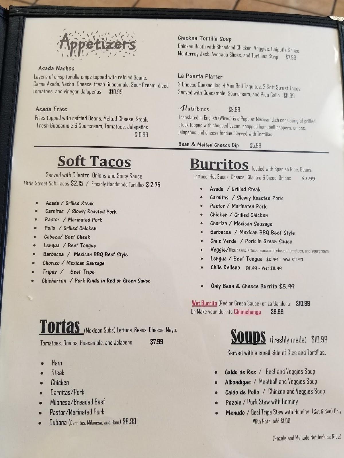 Menu at De Oro La Puerta Authentic Mexican Food restaurant, Brea
