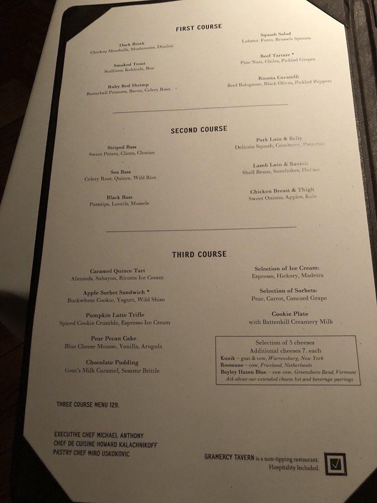 Menu at Gramercy Tavern restaurant, New York City, 42 E 20th St