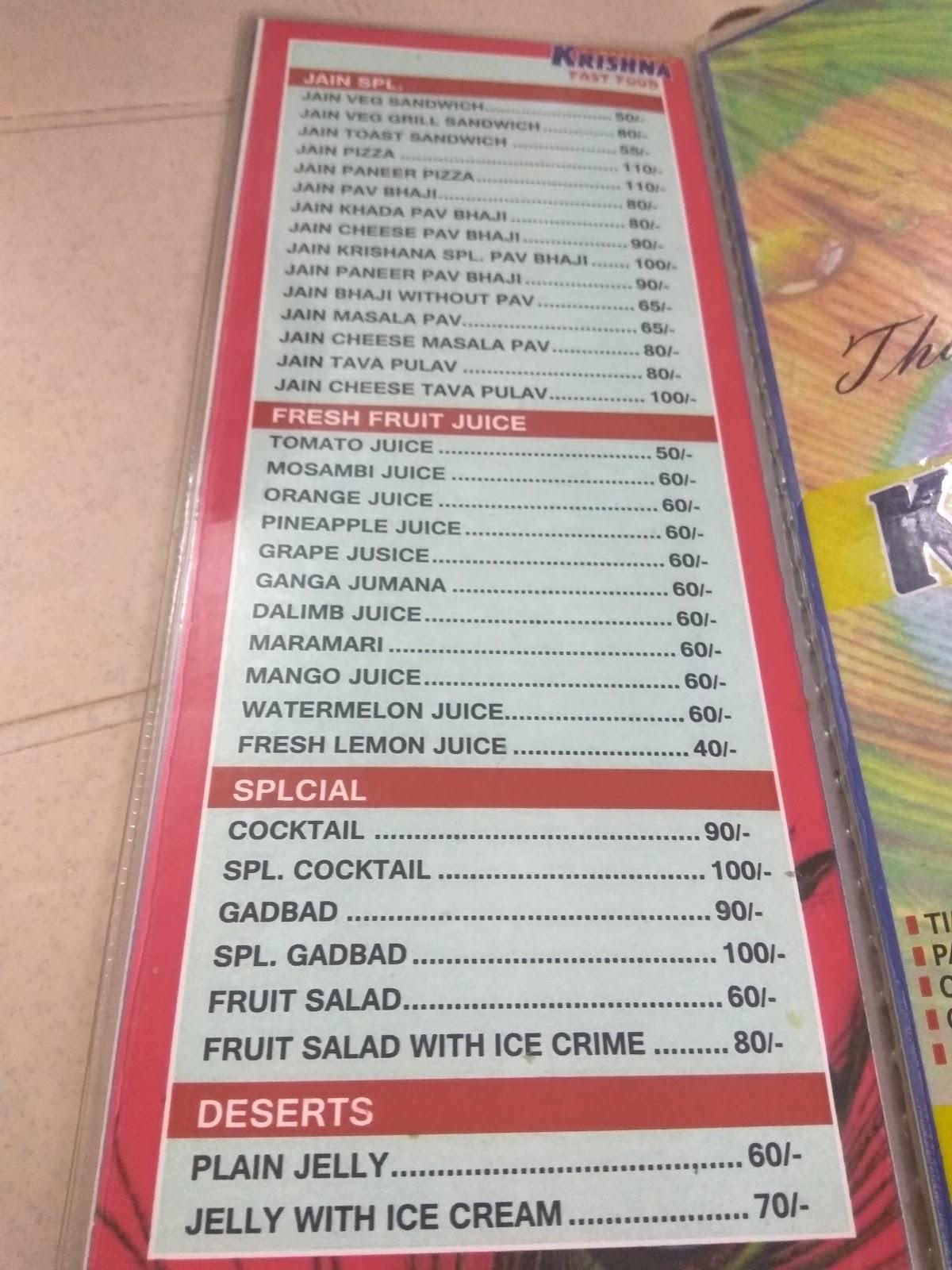 Menu at Krishna fast food, Kolhapur