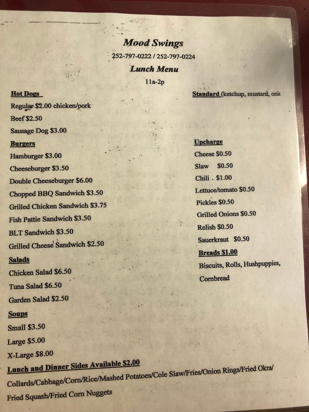 Menu at Mood Swings restaurant, Creswell