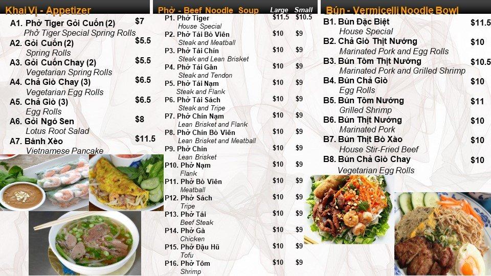 Menu at Pho Tiger restaurant, Tigard