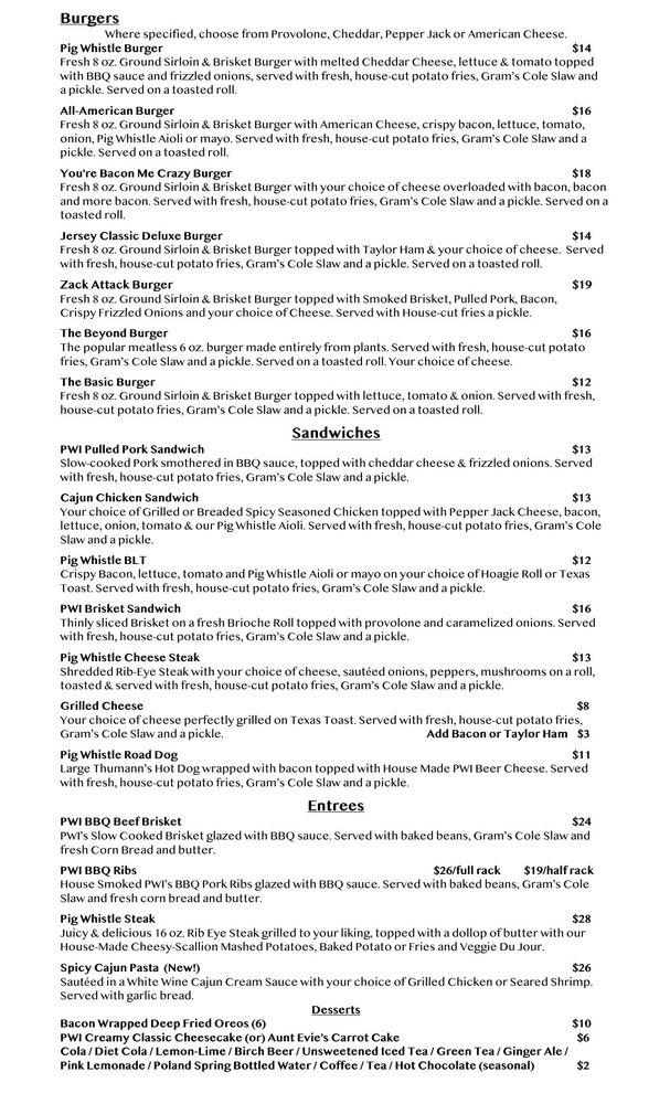 Menu at Pig Whistle Inn restaurant, Newton