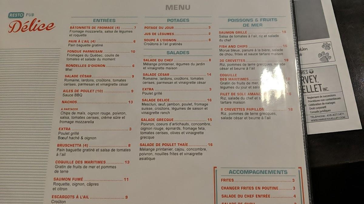 Menu au Resto Pub Délice (Le), Québec